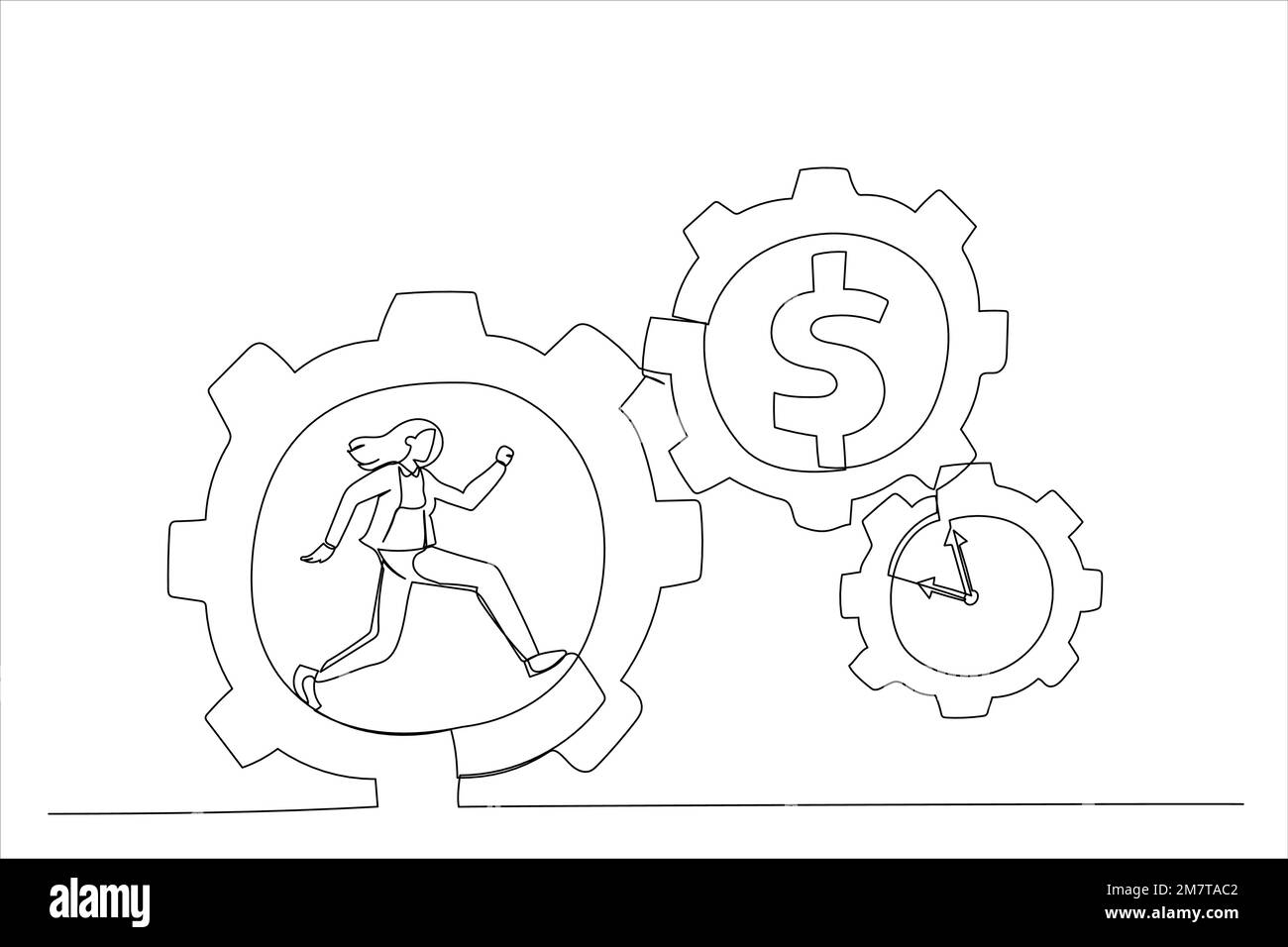 Drawing of businesswoman running with full effort inside gear cogs ...