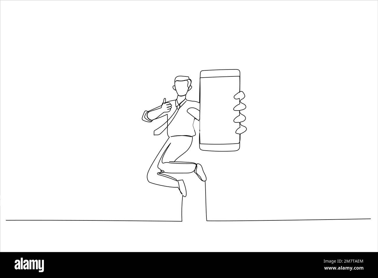 Cartoon of guy jumping on air, pointing at cellphone with empty screen ...