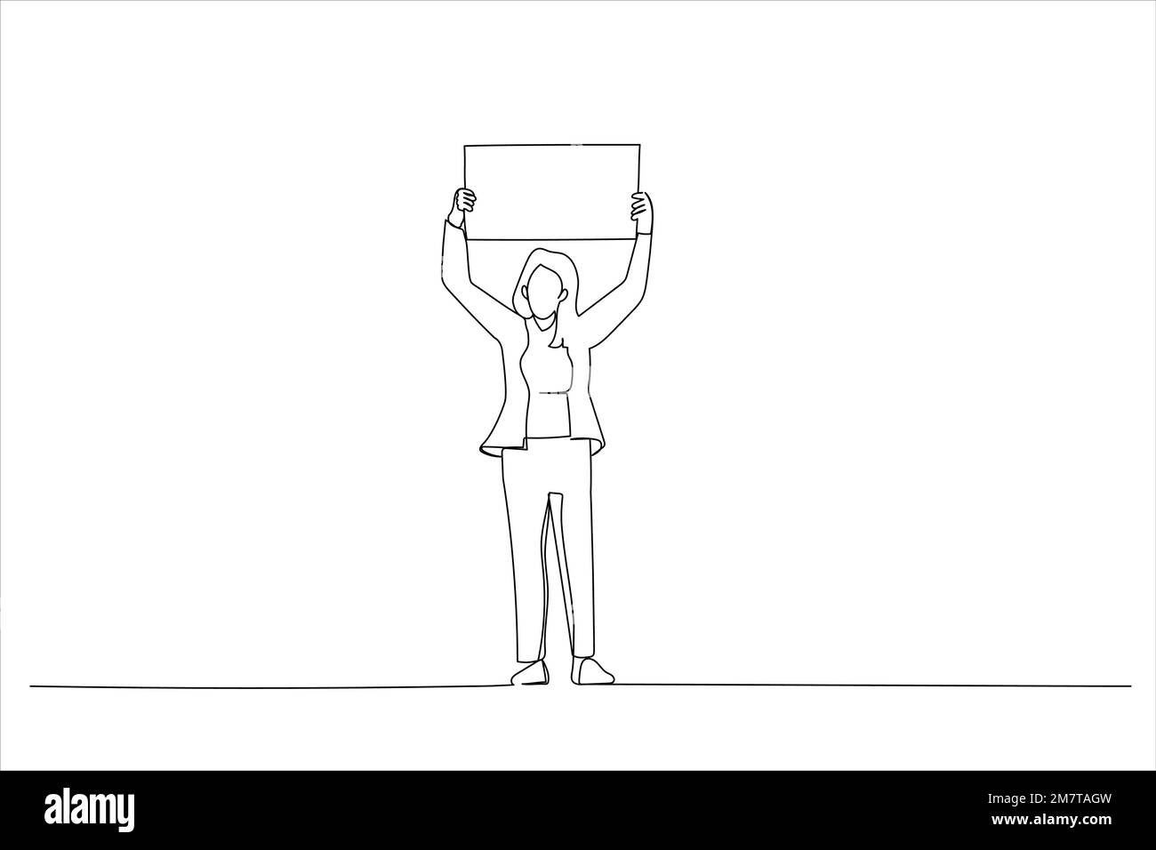 Drawing of happy woman holding up a banner ad. Single line art style ...