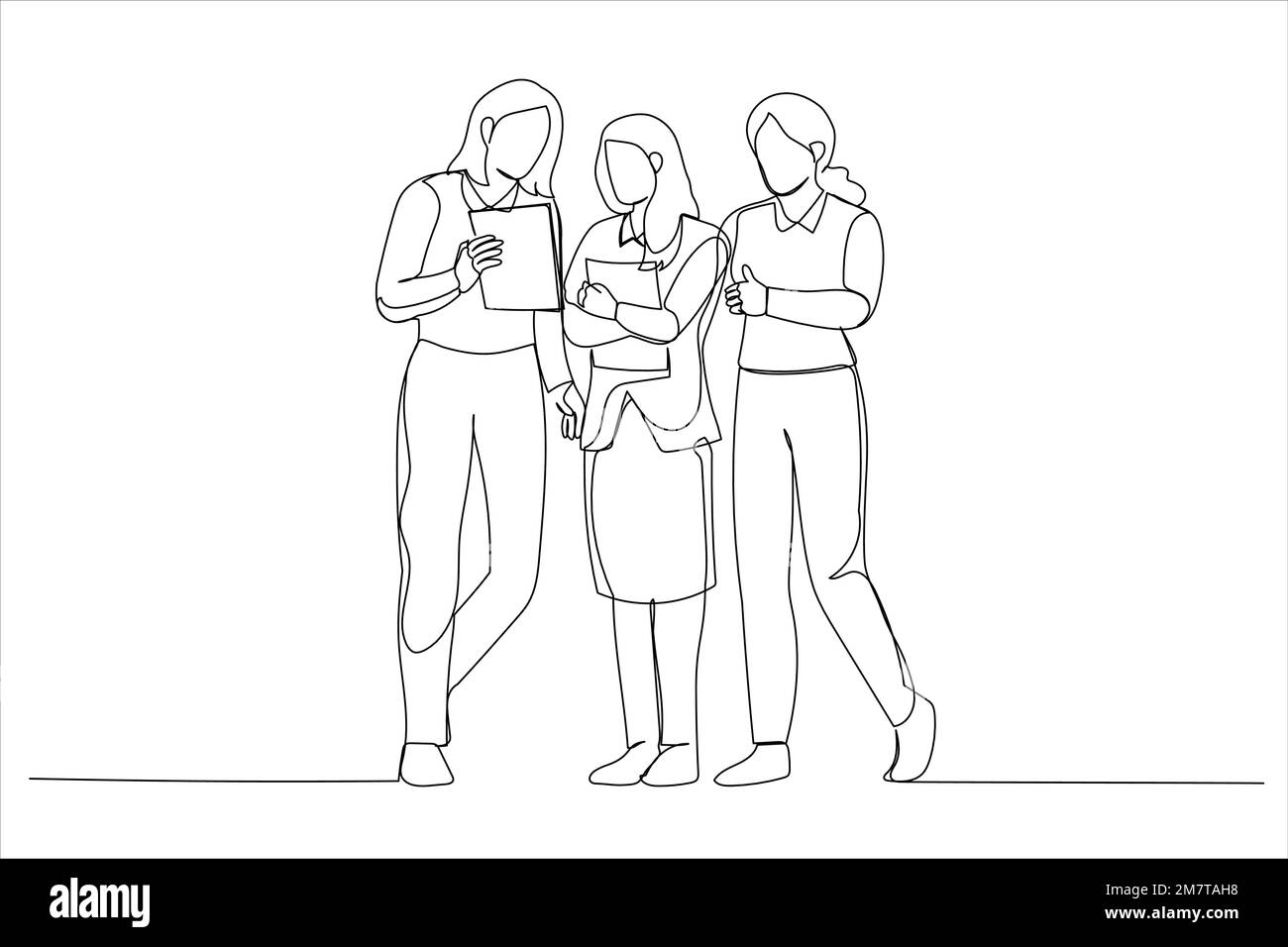 Drawing of businesswomen discussing over paperwork against railing ...