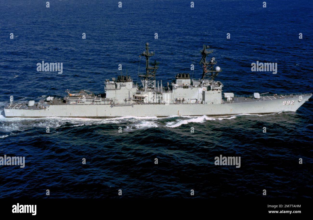 An aerial starboard beam view of the Spruance class destroyer USS ...