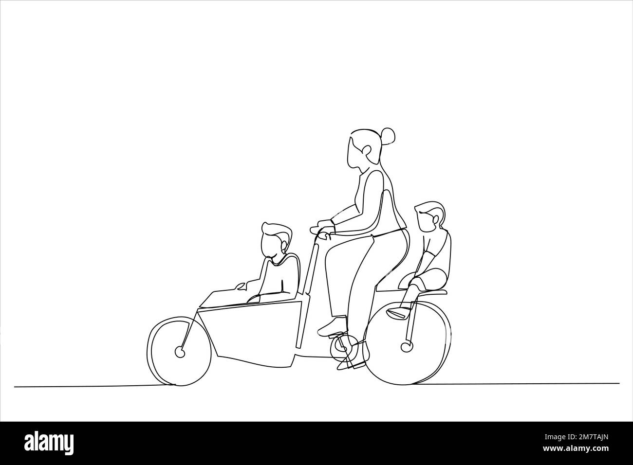 Drawing of mother with two children riding bicycles. Single line art ...