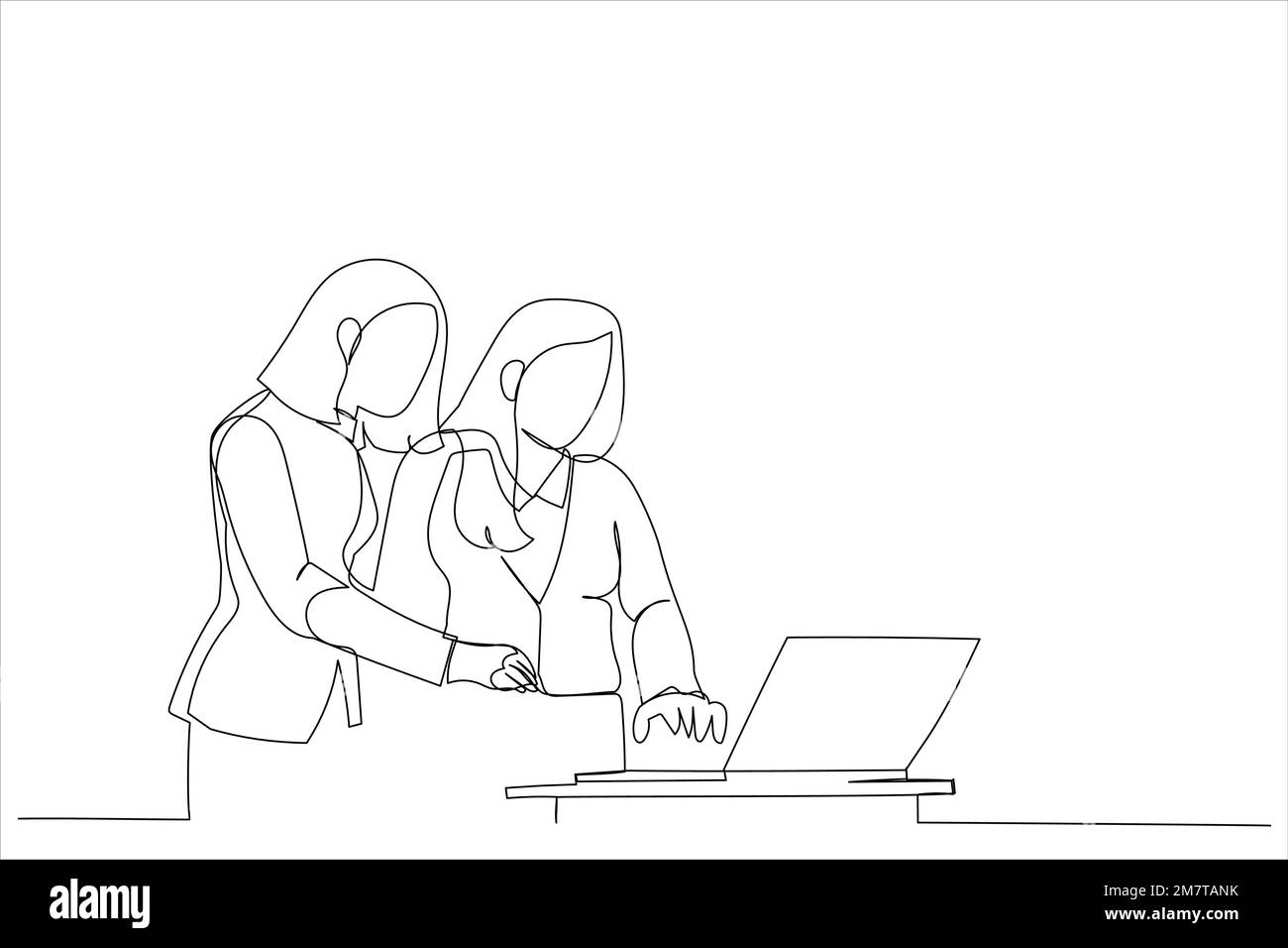 Drawing of focused two young business women standing near table ...