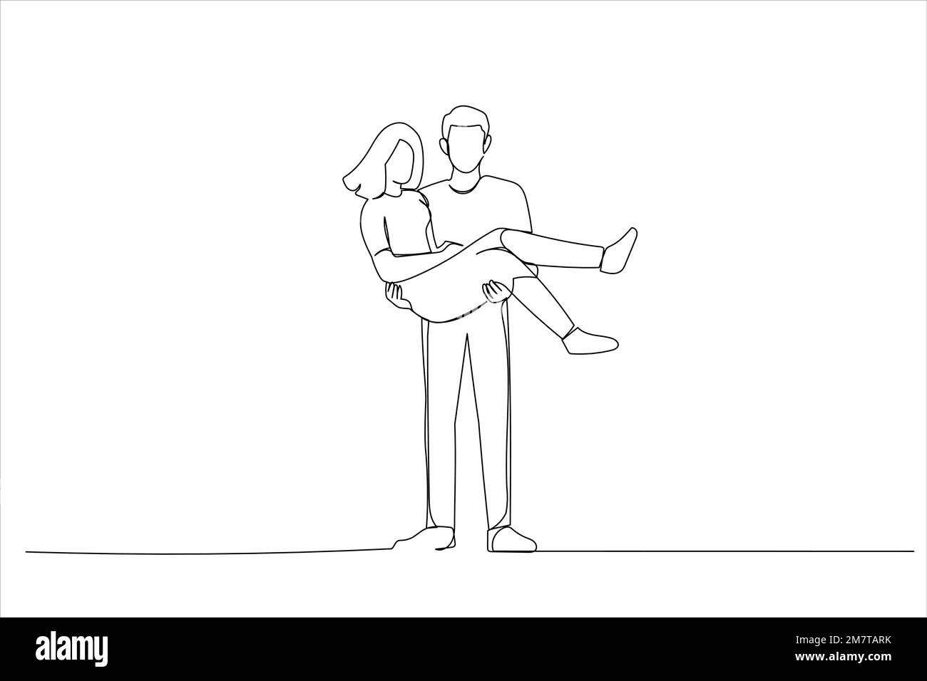 Drawing of young groom carrying a bride in his hands. Single continuous ...