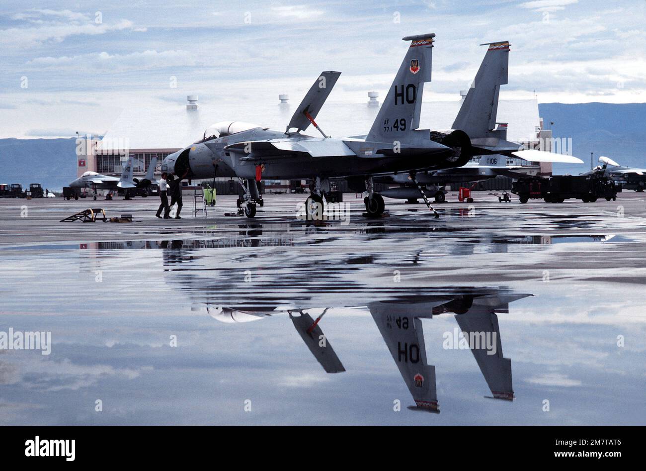 A left rear view of F-15 Eagle aircraft assigned to the 7th and 8th ...
