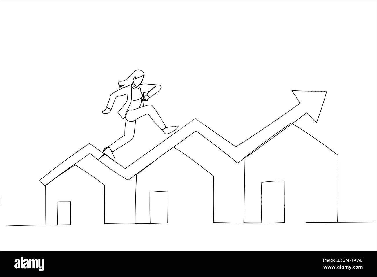 Drawing of businesswoman running on rising green graph on house roof ...