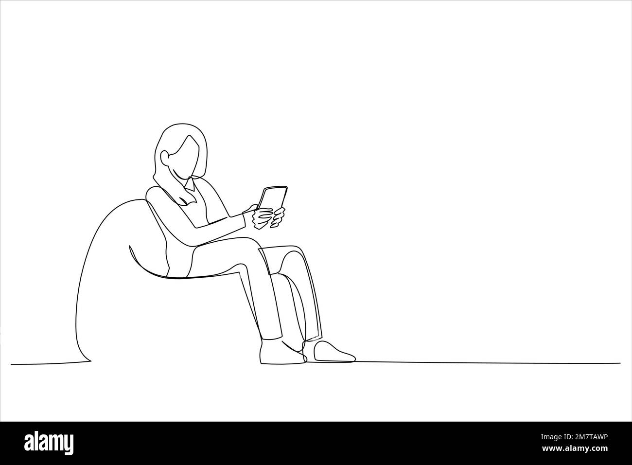 Cartoon of young woman sitting comfy soft armchair holding telephone ...