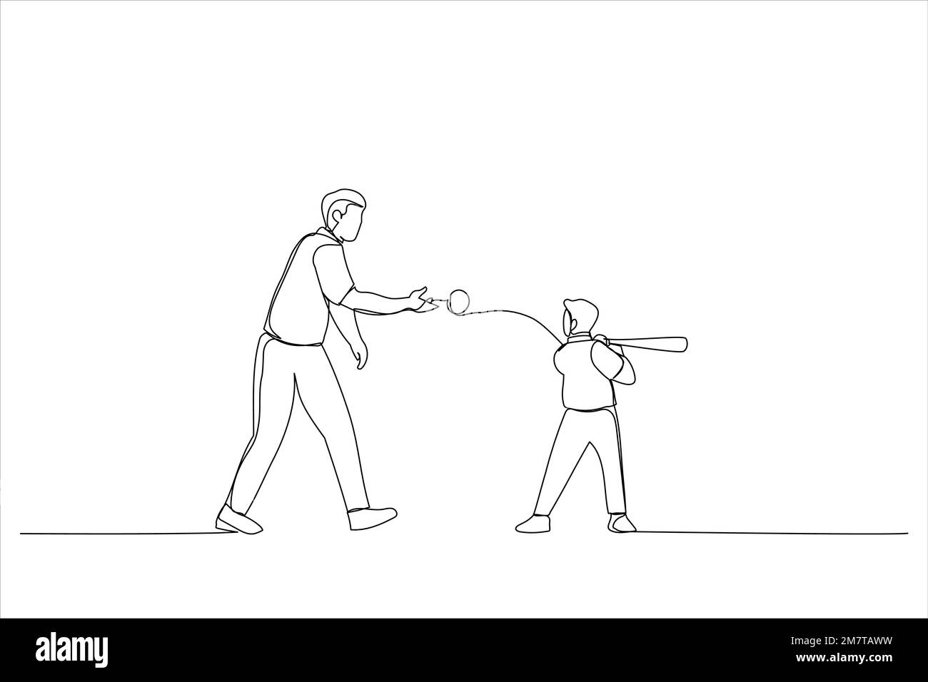Drawing of young father and his little boy child playing baseball ...