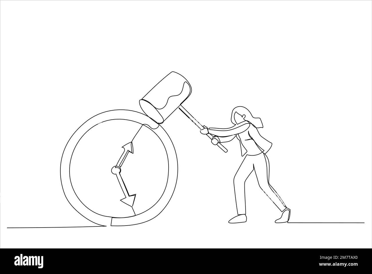 Cartoon of businesswoman holding big hammer smashing alarm clock ...