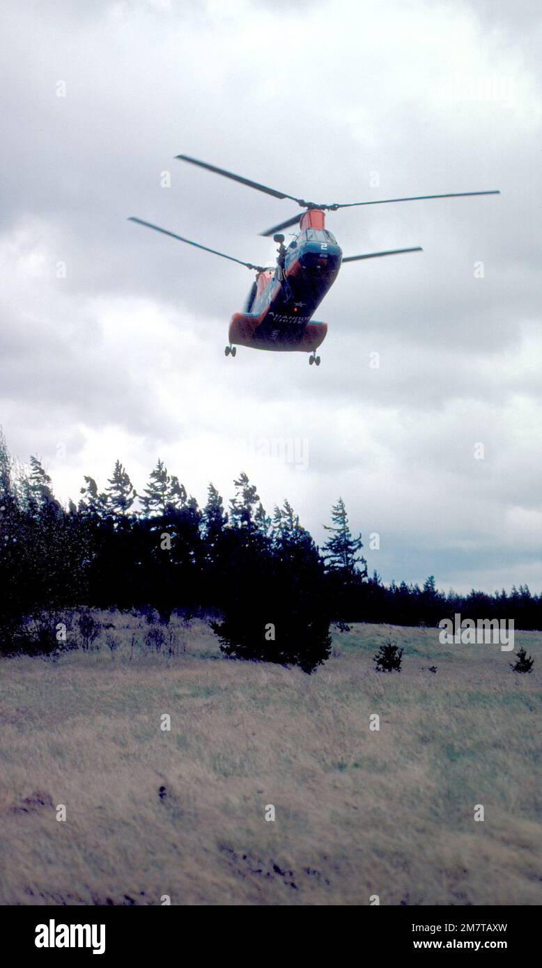 An H-46 Sea Knight helicopter makes a low altitude approach during ...