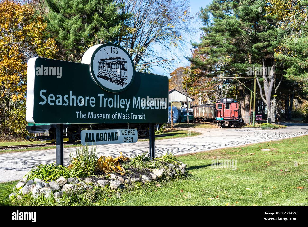 entrance sign to the Seashore Trolley Museum in Kennebunkport Maine USA ...
