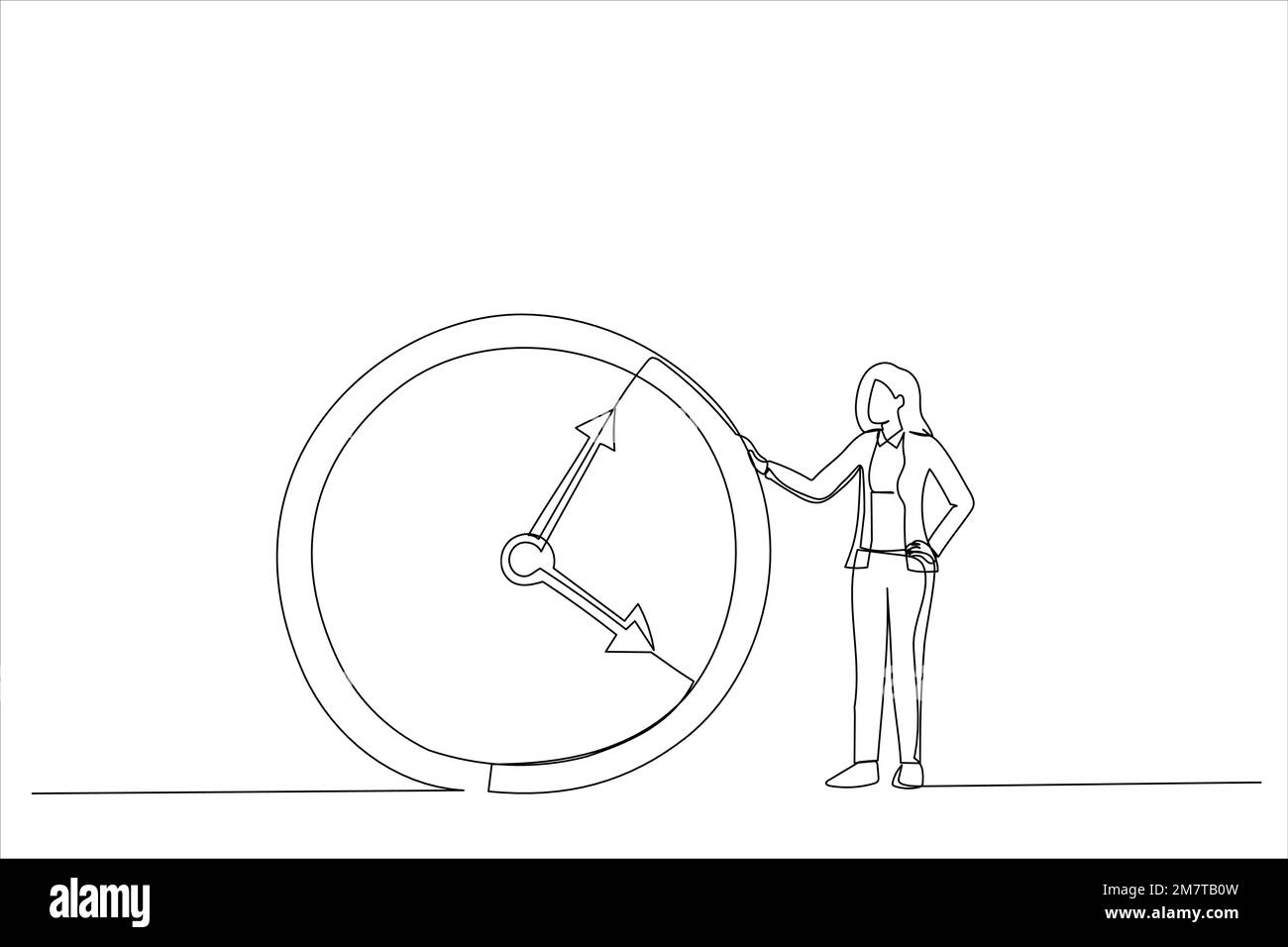 Drawing of businesswoman or manager is standing near a big clock. Time ...