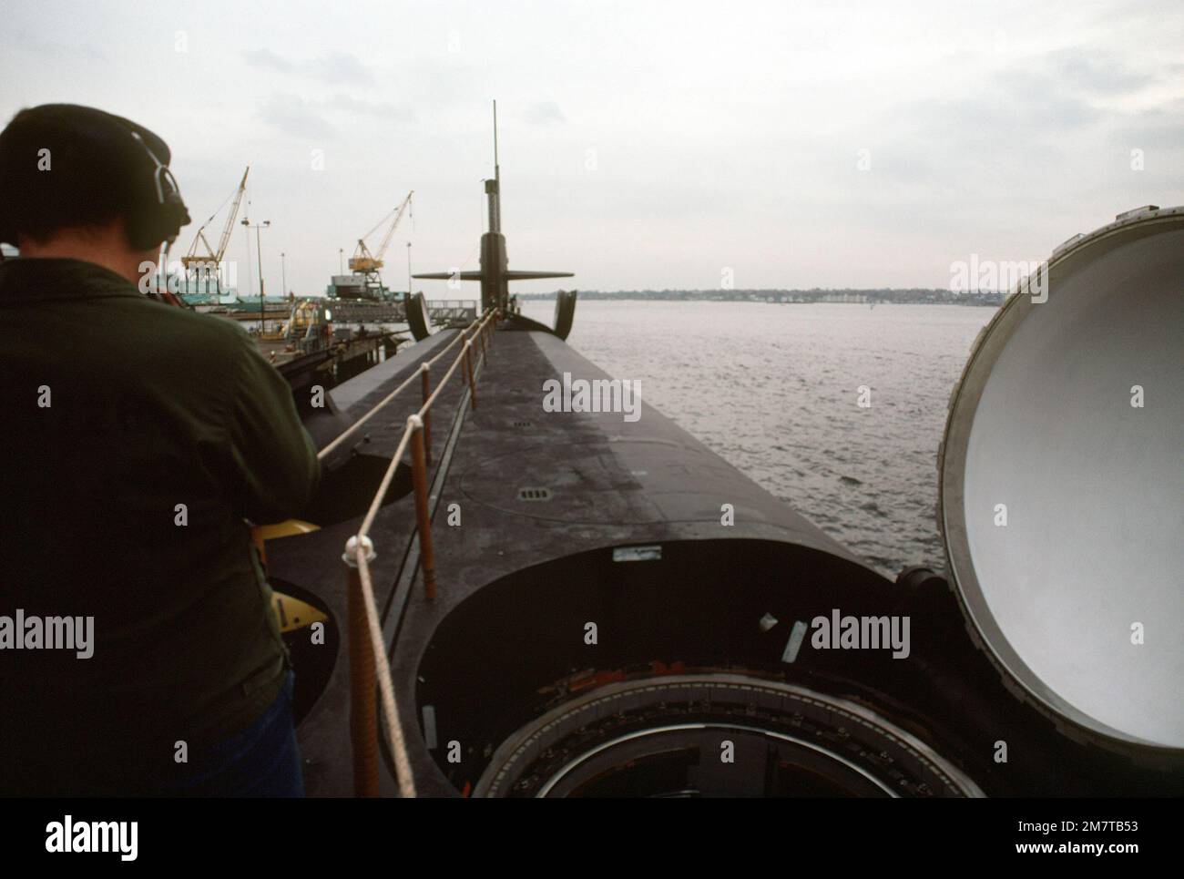 A deck view, looking toward the bow, of the nuclear-powered ballistic ...