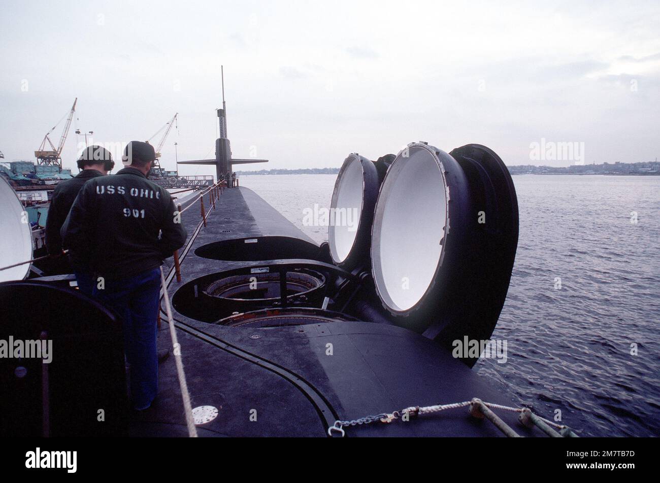 A deck view, looking toward the bow, of the nuclear-powered ballistic ...