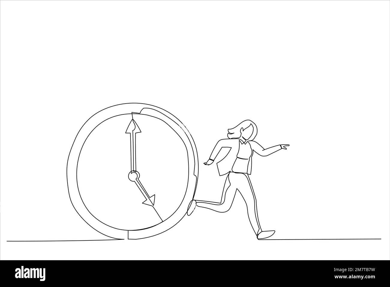 Drawing of business woman run from the clocks. Single line art style ...