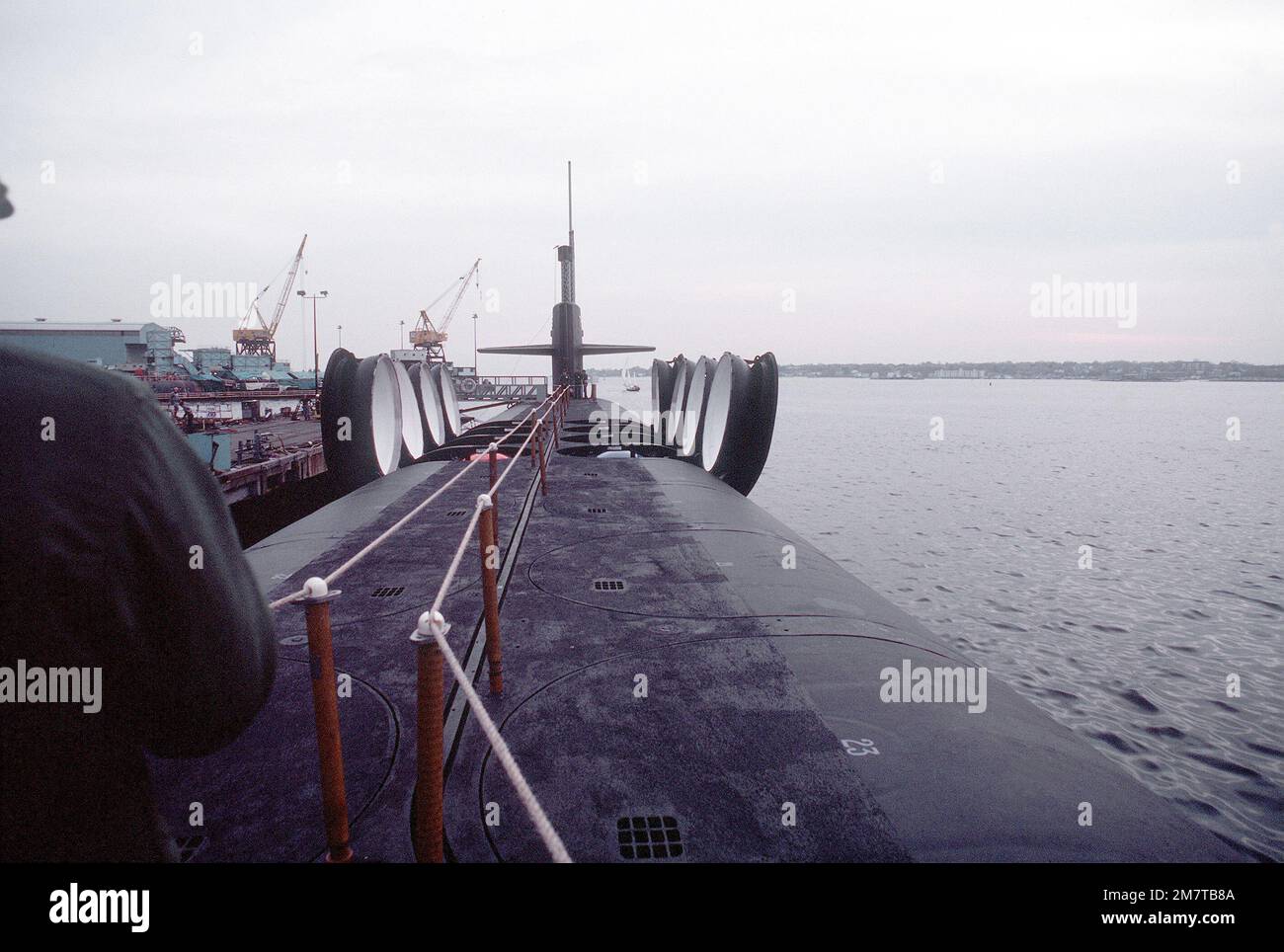 A deck view, looking toward the bow, of the nuclear-powered ballistic ...