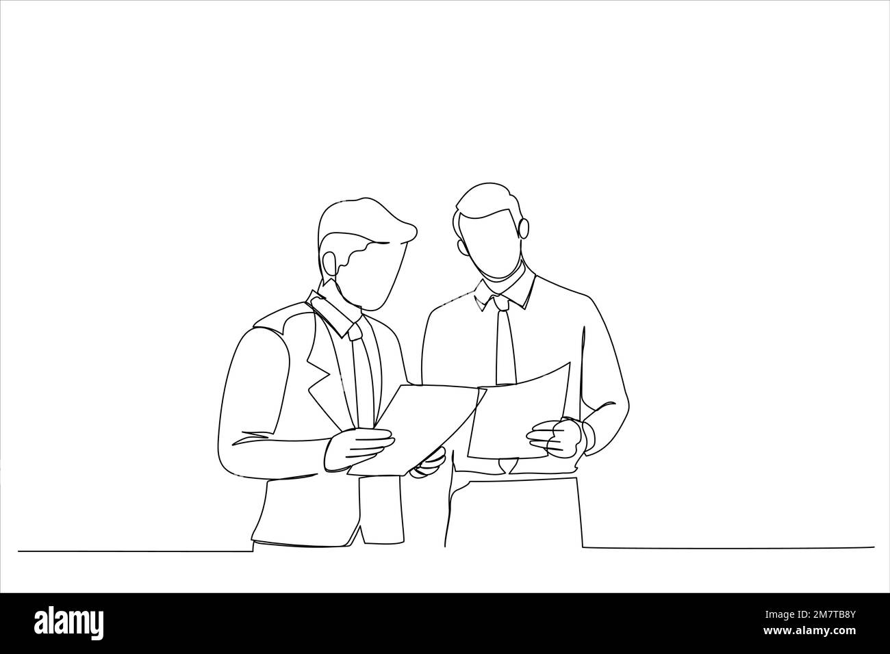 Cartoon of two businessmen discussing project. Continuous line art ...