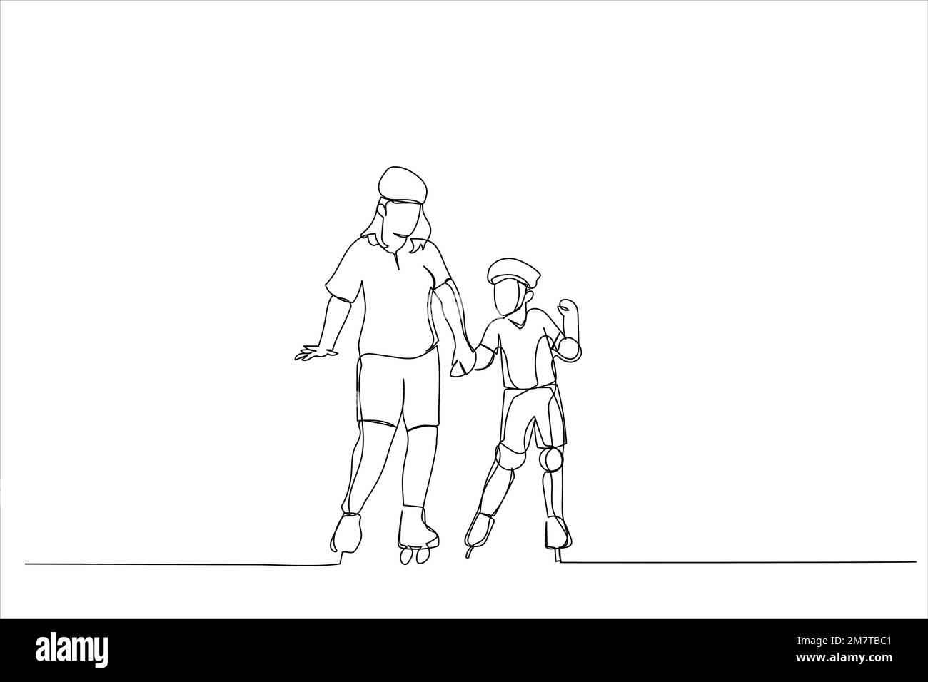 Cartoon of Dad with his little daughter on the rollerblades skates ...
