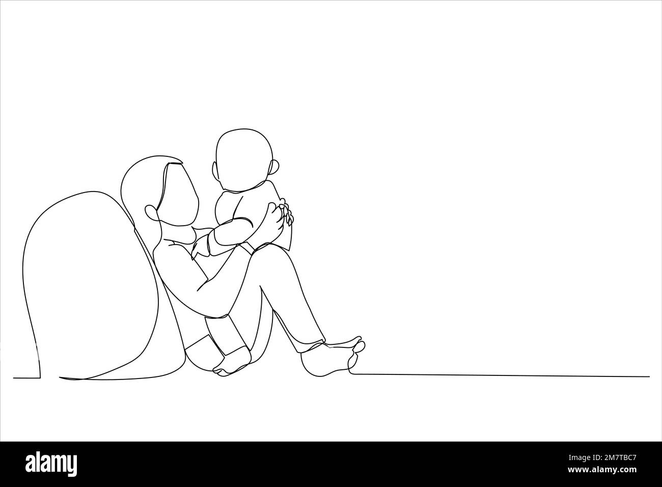 Illustration of Little sister with her baby brother. One line art style ...