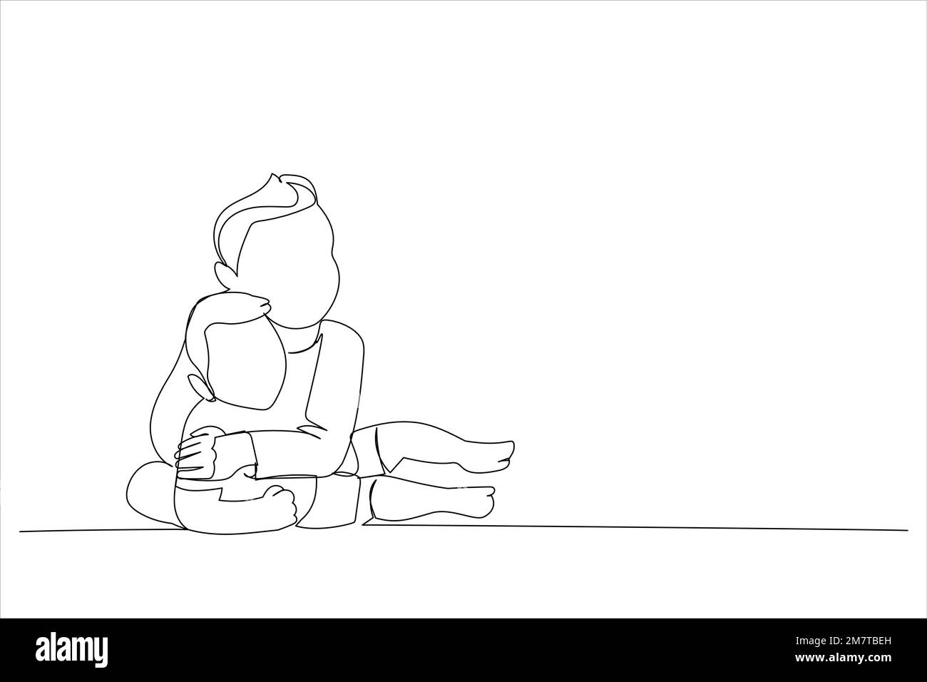 Cartoon of baby and his brother on bed. Single continuous line art ...