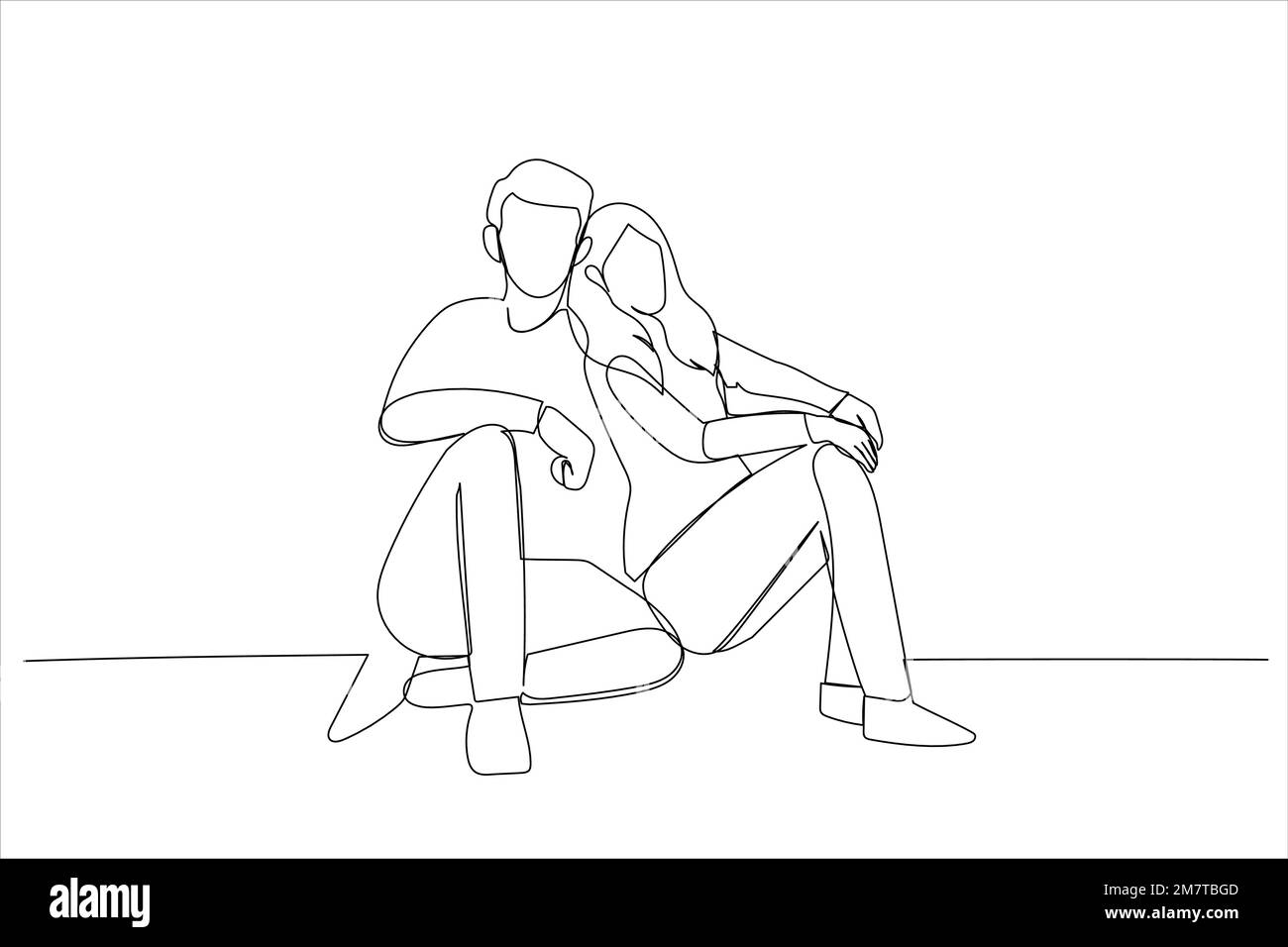 Cartoon of adorable guy lady dressed white shirts sitting floor looking ...