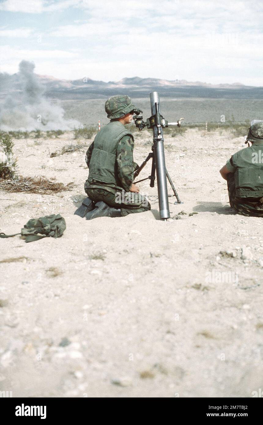 A combat-ready Marine, LCPL Smith, checks the sight on an M-29 81mm ...