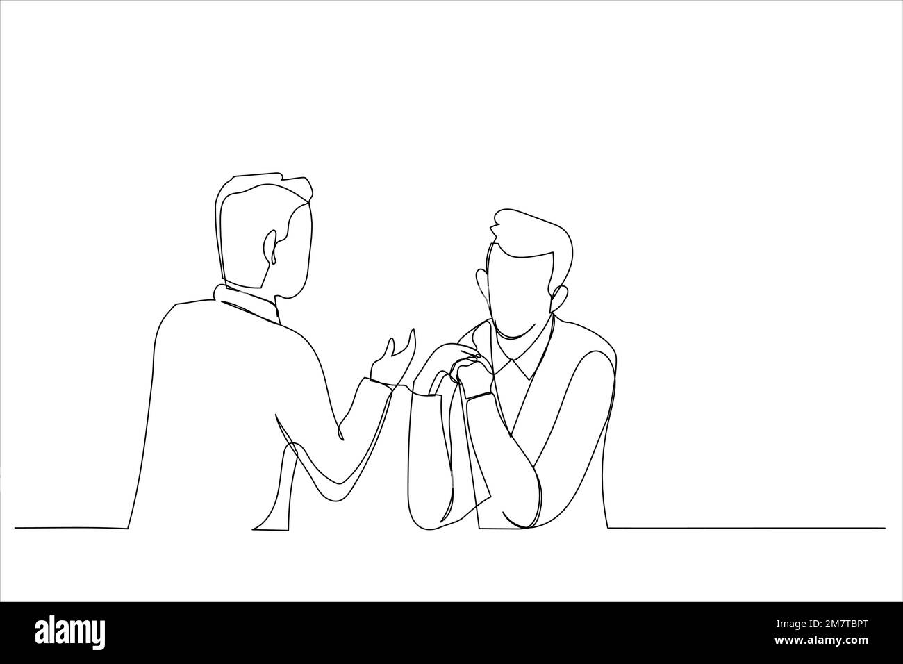 Drawing of business partners talking while sitting at desk. Single line ...