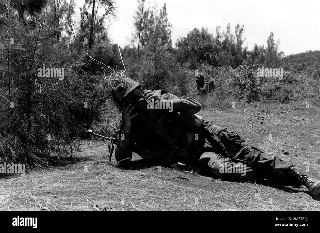 A Marine has been given a gas alarm and is in the process of putting on ...