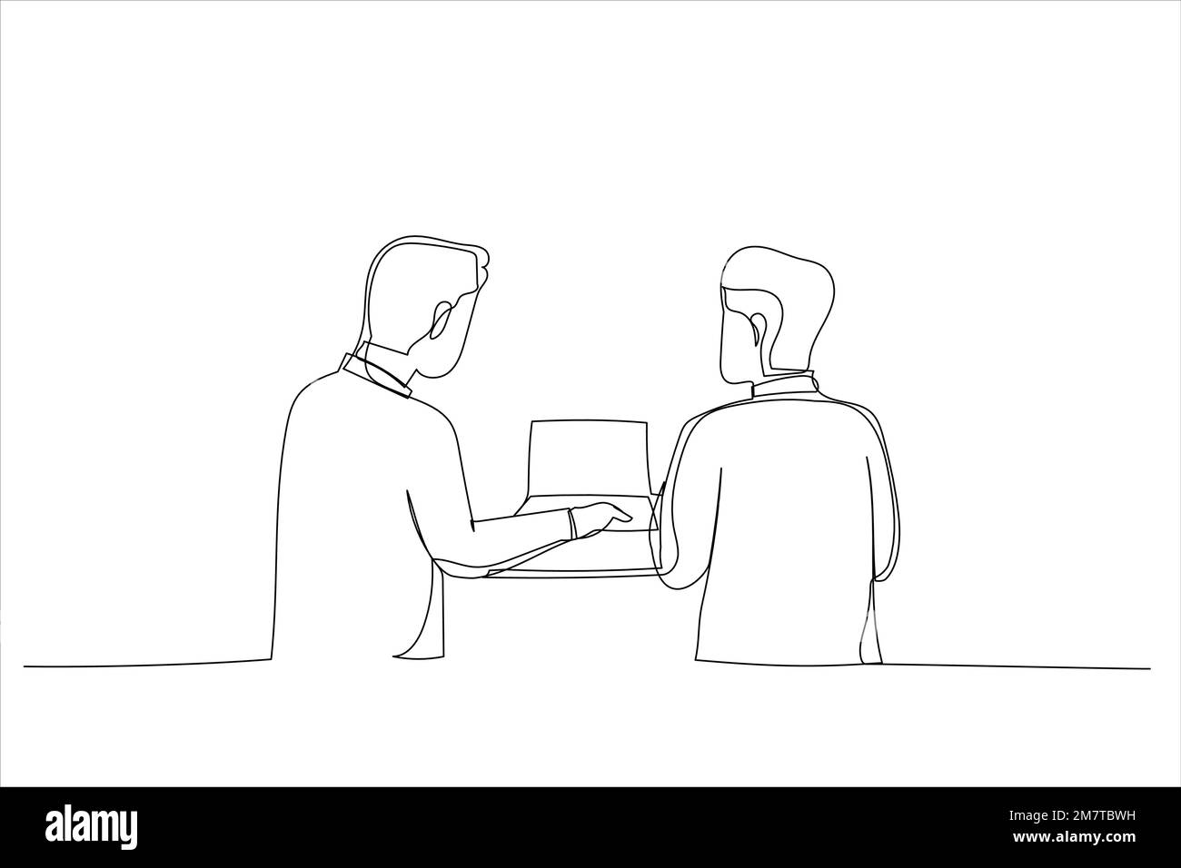 Illustration of two men discussing company growth. Rear view. One line ...