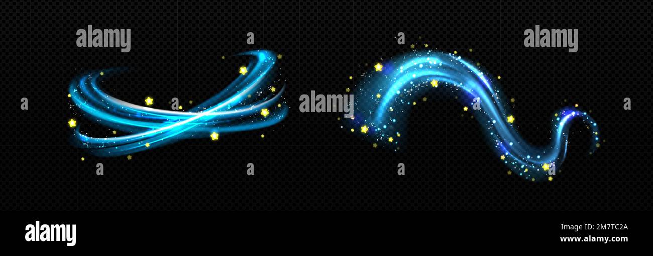 Magic light effect, blue air wave or wind flow with golden stars. Glow ...