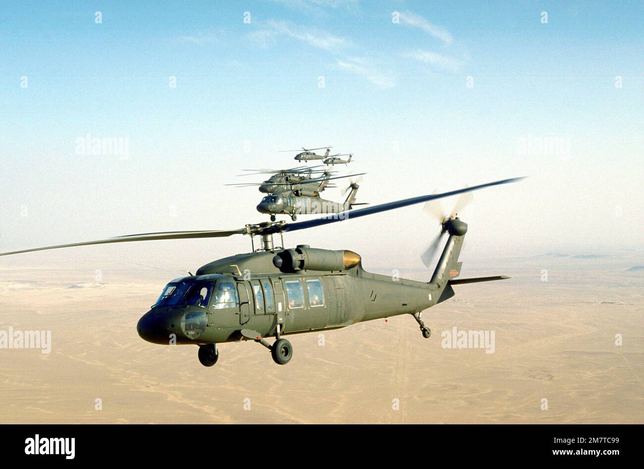 AN air-to-air left side view of several UH-60 BlackHawk helicopters ...