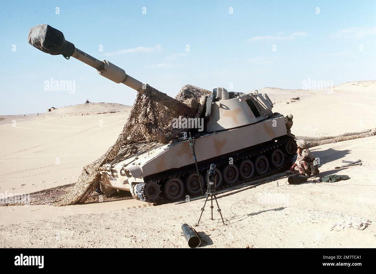 A left side view of a 155mm self-propelled howitzer from the 24th Armor ...