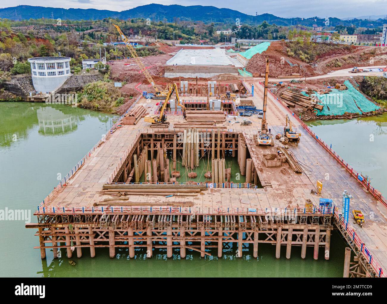 Aerial photo shows the construction site of Shengli Bridge in Yudu ...