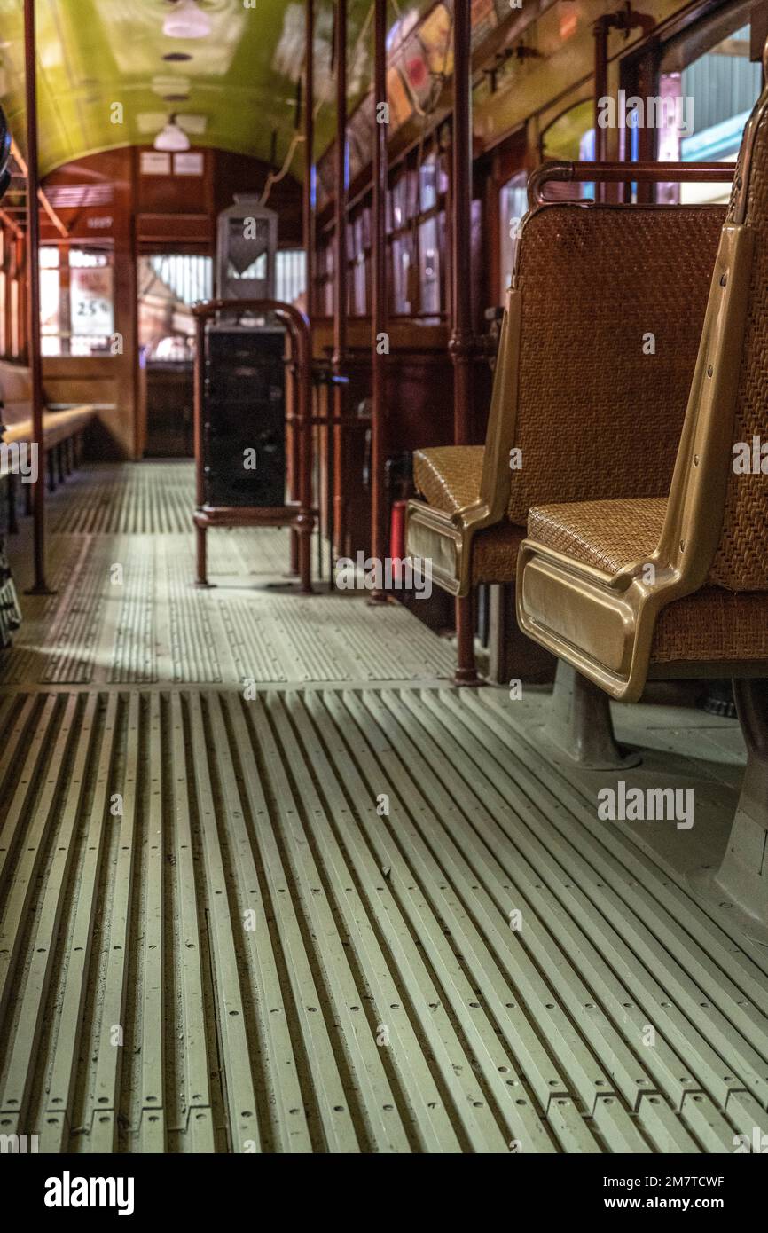 cane seats and wood slats for the floor on trolley car Stock Photo - Alamy
