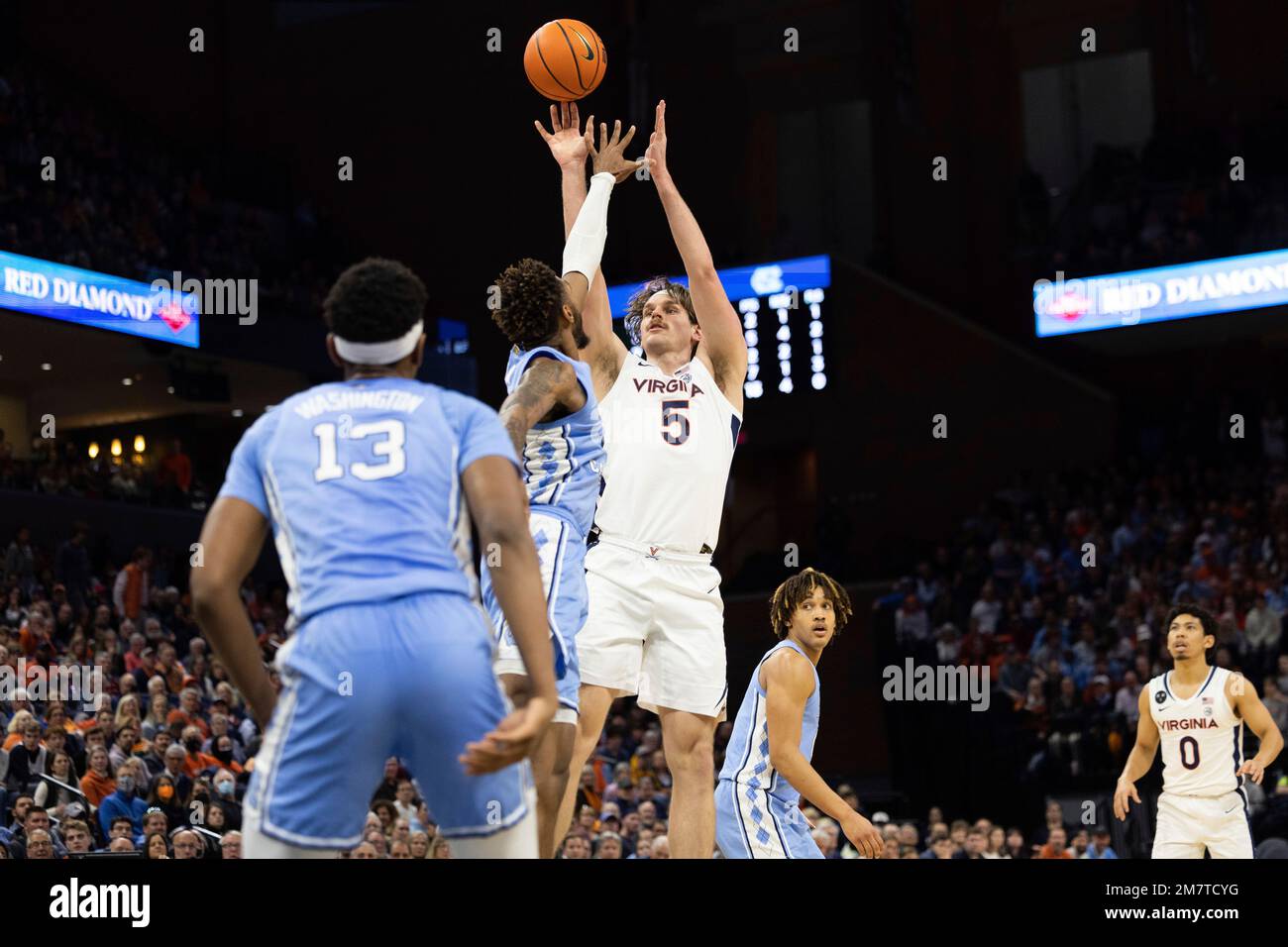 Virginia's Ben Vander Plas (5) shoots a three pointer during the second ...