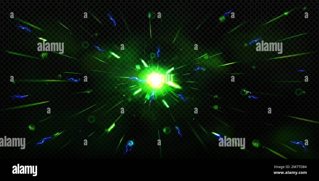 Green light flare effect, bright glow of burst with beams, sparkles ...