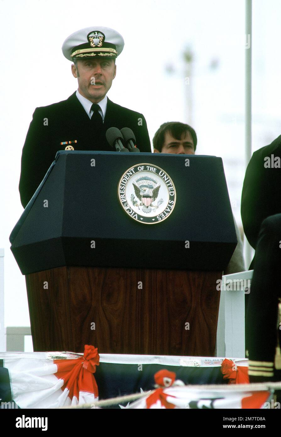 CAPT Arlington F. Campbell, commanding officer (gold crew), speaks at ...