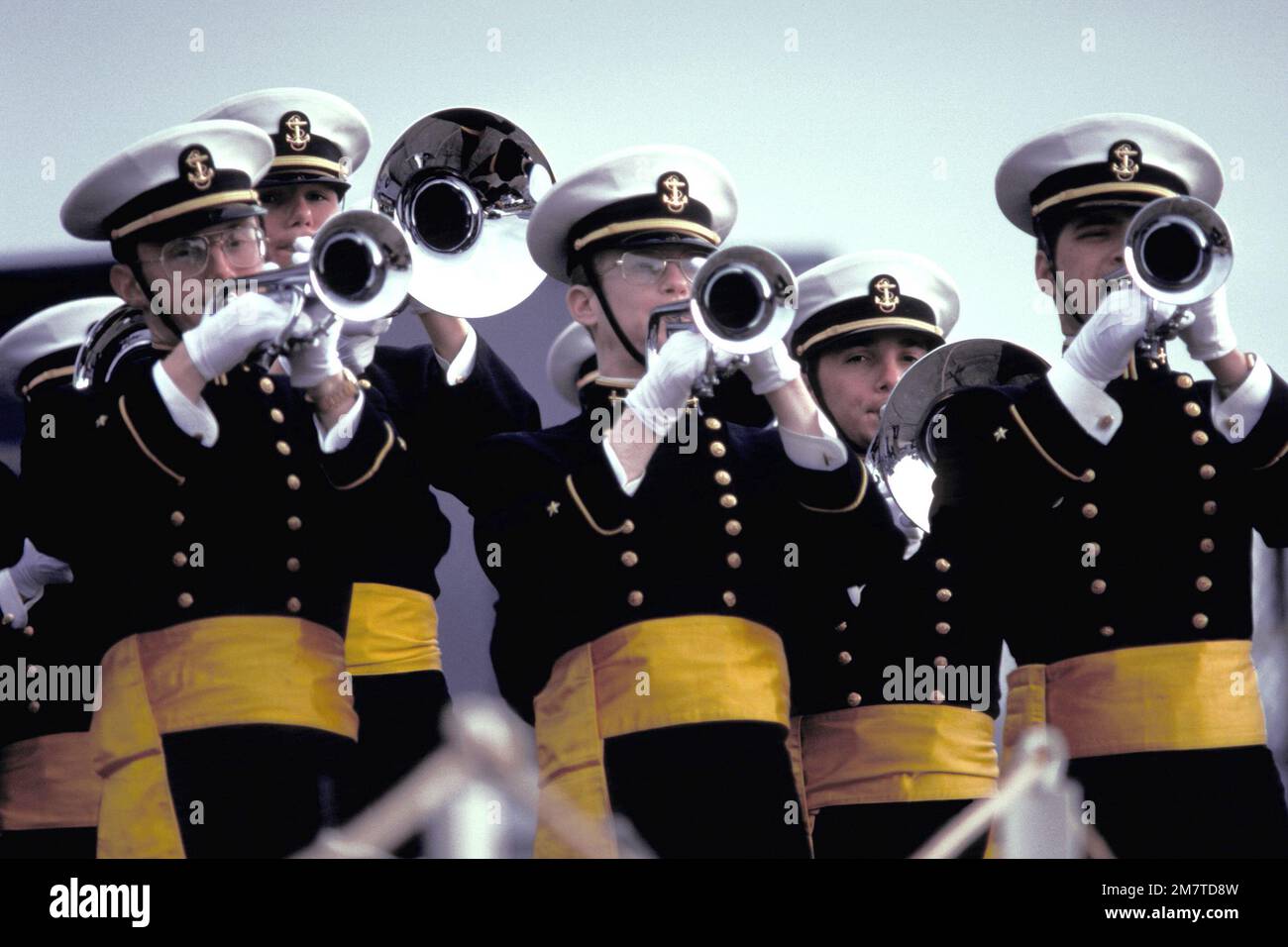 A partial view of the Midshipmen Drum and Bugle Corps as they perform ...