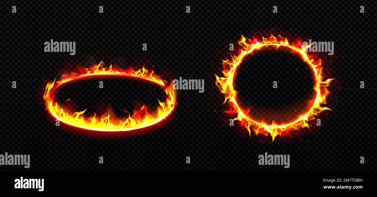 Round frames with fire. Burning rings with flame, glow effect and ...