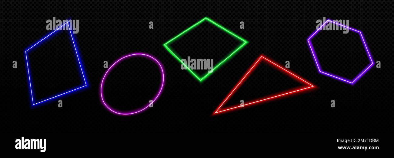 Neon light frames, glowing line borders square, circle, triangle and ...