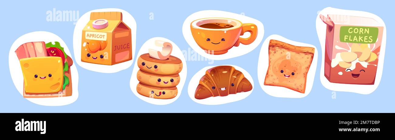 Cute kawaii characters of breakfast food. Stickers with toast, sandwich ...