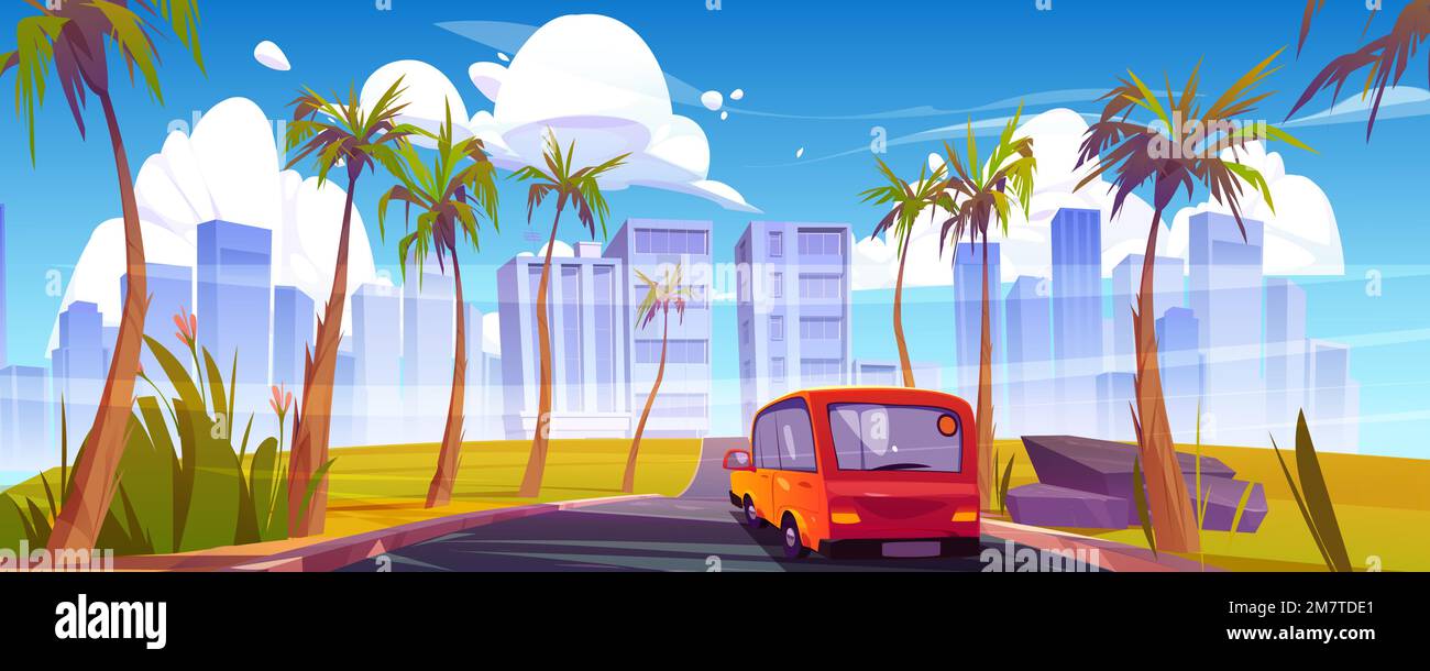 Car on road in tropical summer city. Cartoon vector illustration of ...