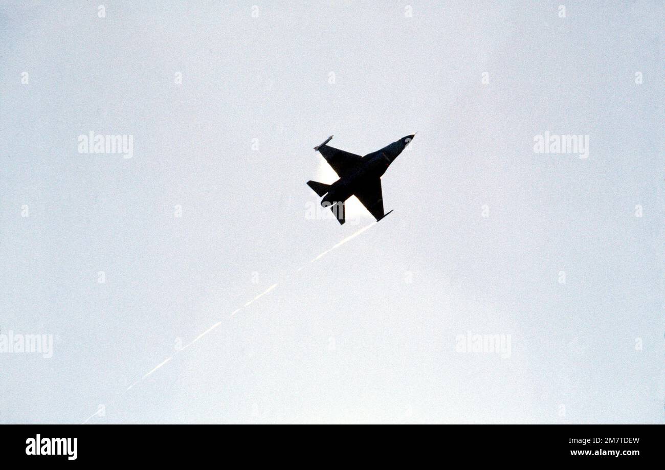 A bottom view of an F-16 Fighting Falcon aircraft carrying an AIM-9 ...