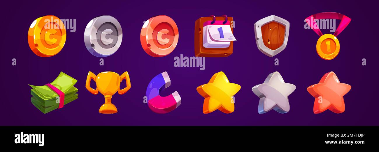 Cartoon set of game awards and props. Vector illustration of ancient ...