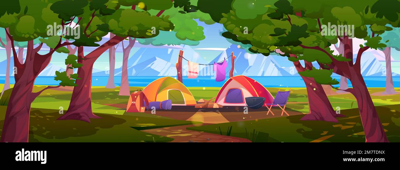 Summer camping scene with tents, mountains and lake. Cartoon vector ...