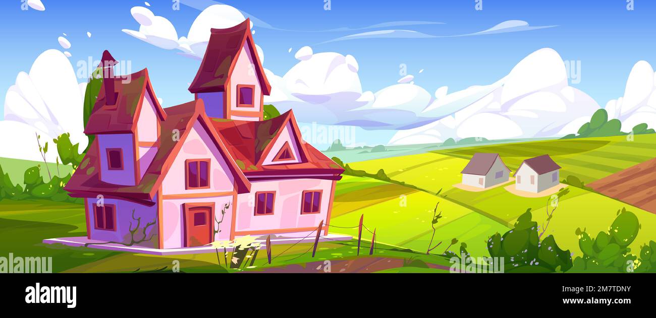Summer countryside with house, farm buildings, green field under blue ...