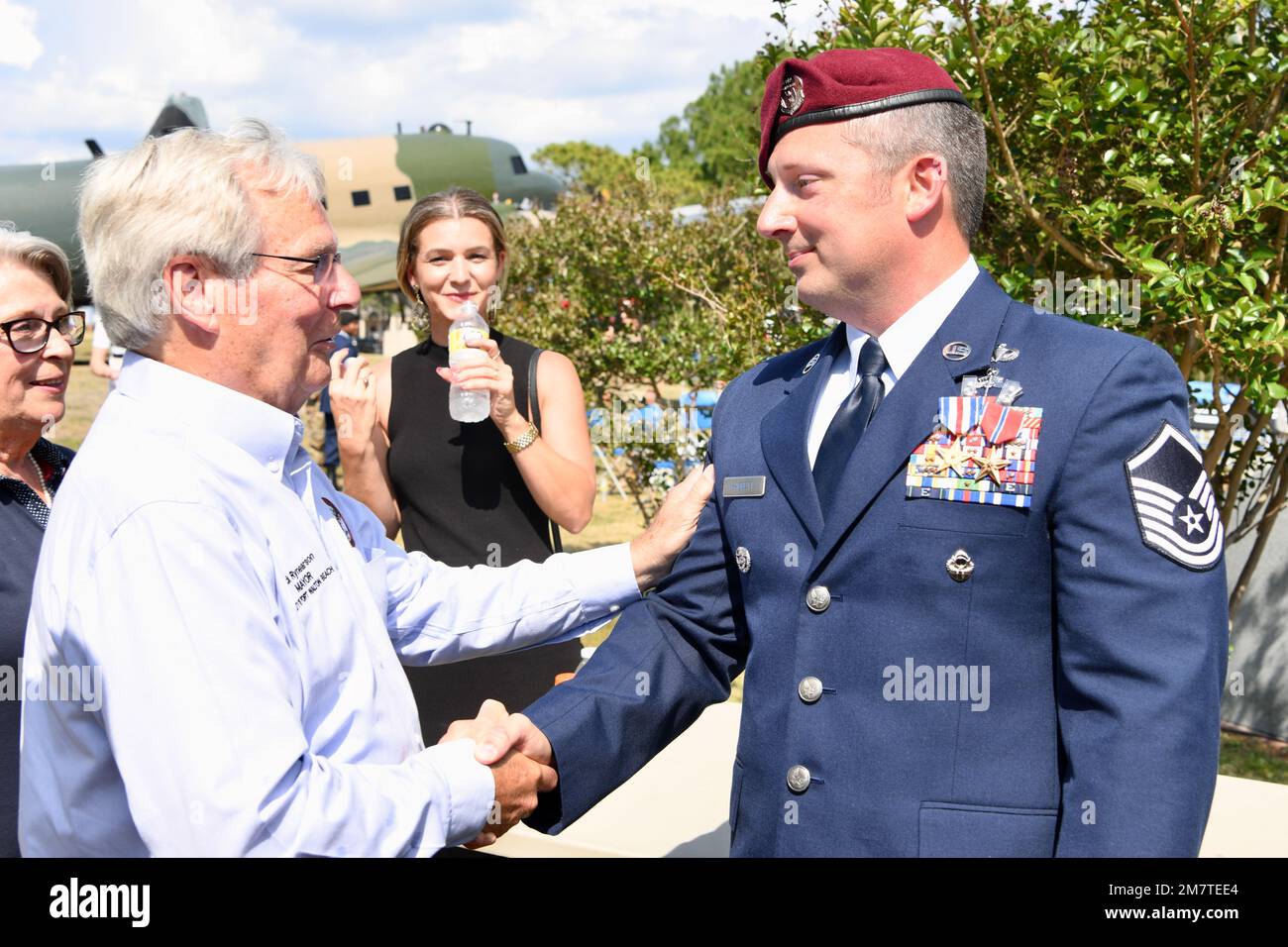 Fort Walton Beach Mayor Dick Rynearson, congratulates Master Sgt. Cory ...