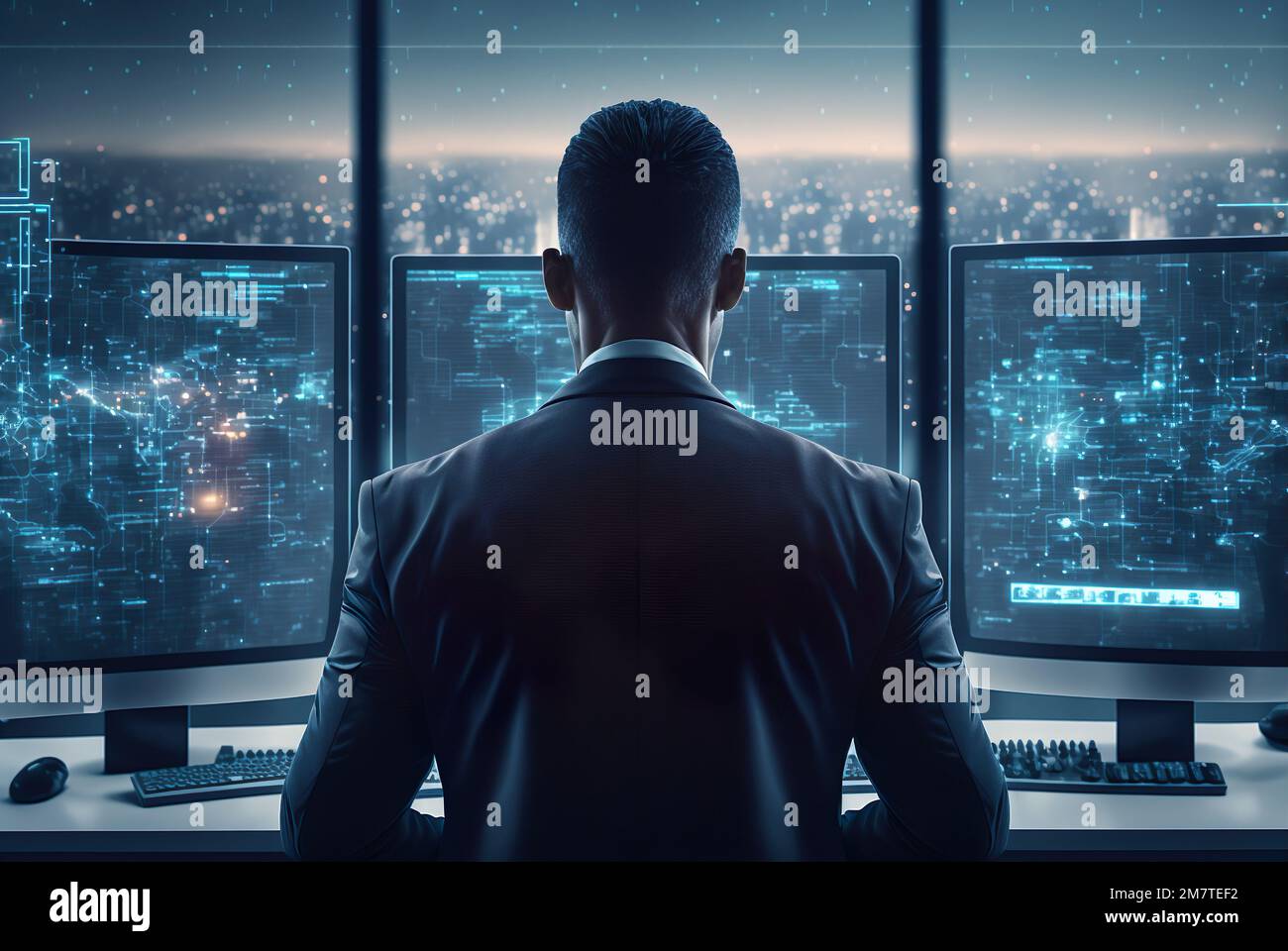 Rear view of businessman sitting in front of screens with data Stock ...