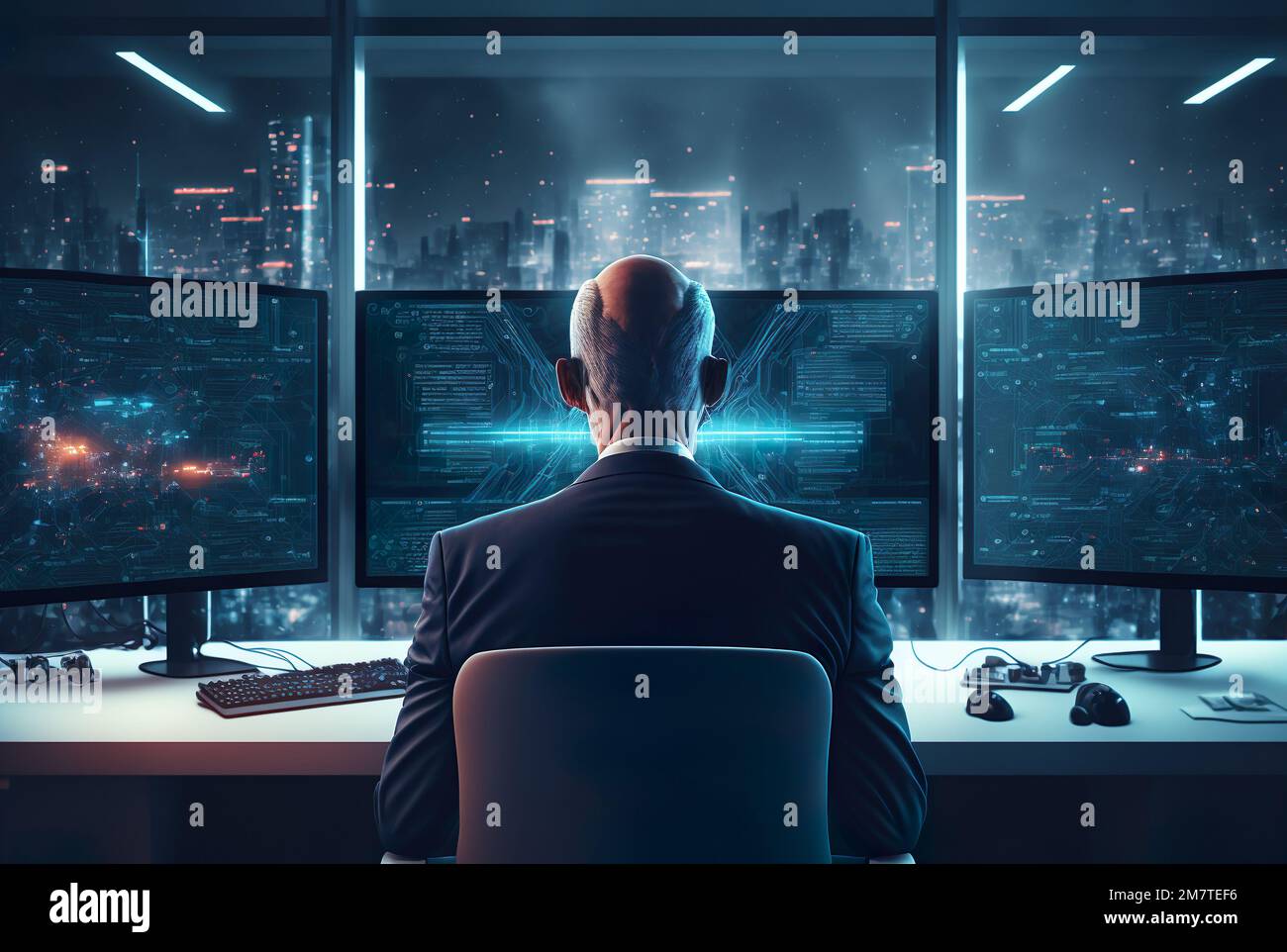 Rear View Of Businessman Looking And Analyzing Data At Multiple