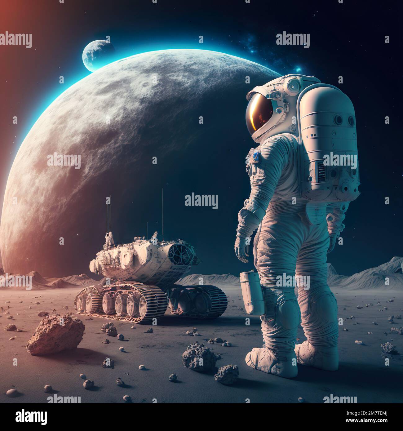 Astronauts near their lunar rover admire the lunar base of their lunar ...